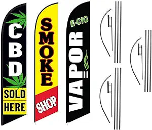 Smoke Shop Business Advertising Flag Sign with Pole Kit and Ground Sta
